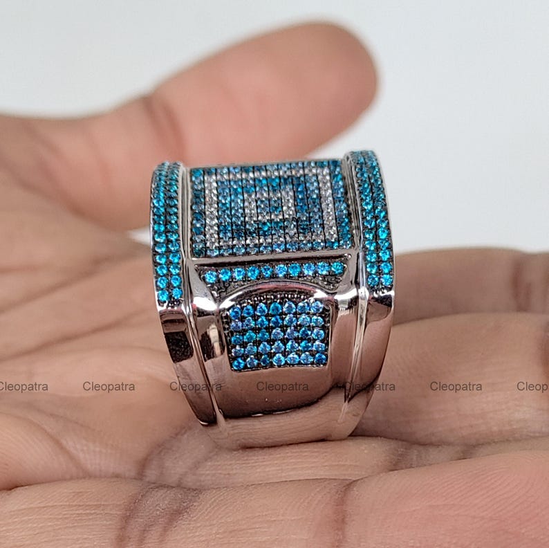 Argentium Silver Statement Ring, Blue White CZ Square Signet, Hip Hop ...