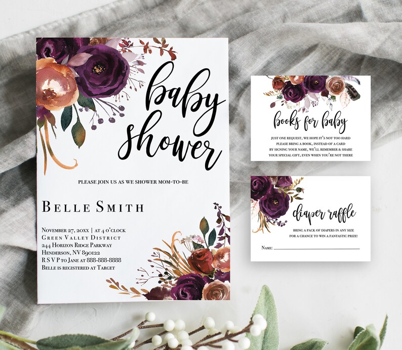 Floral Boho Baby Shower Invitation Set, Plum Floral Invitation Bundle ... Floral Boho Baby Shower Invitation Set, Plum Floral Invitation Bundle ...
