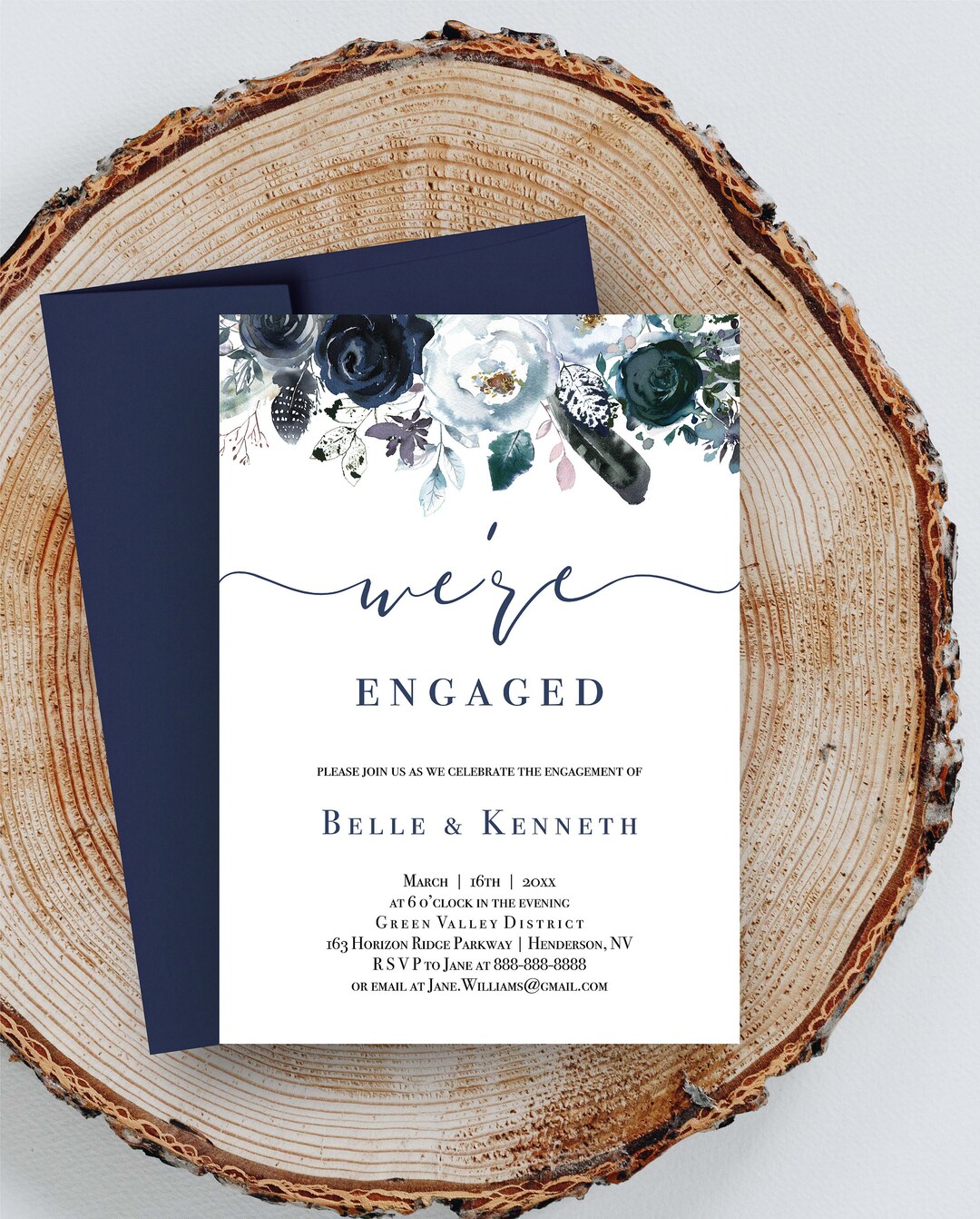We're Engaged Invitation Template, Navy Floral Engagement Party ...