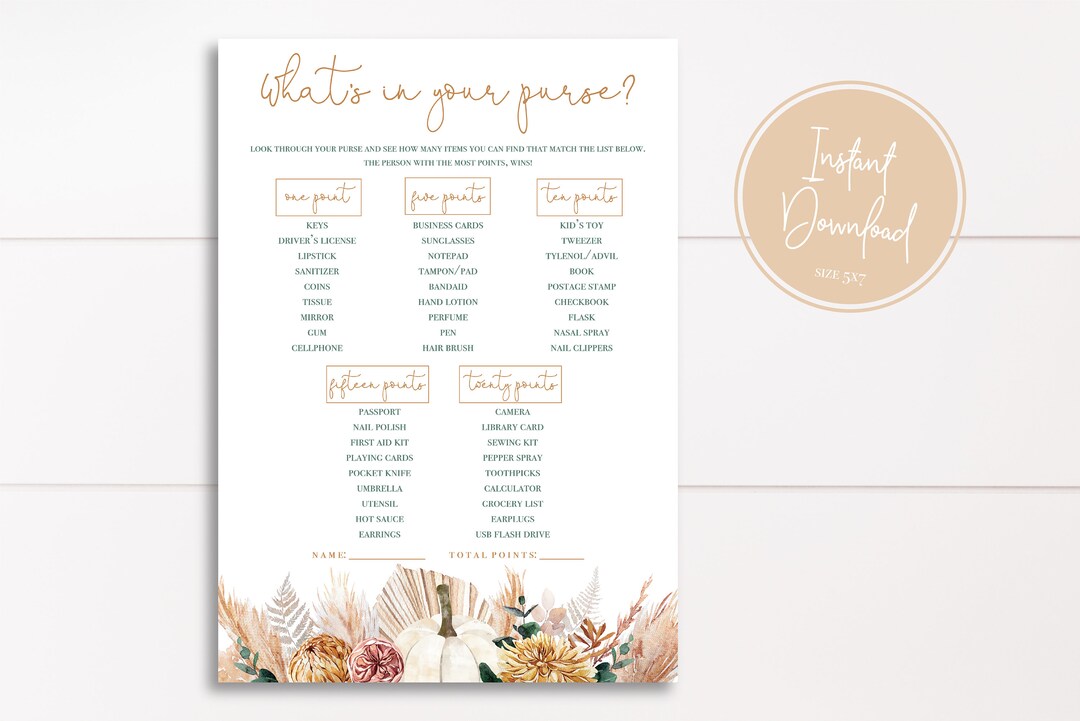 What's in Your Purse Baby Shower Game, Baby Shower Printable, Digital ...