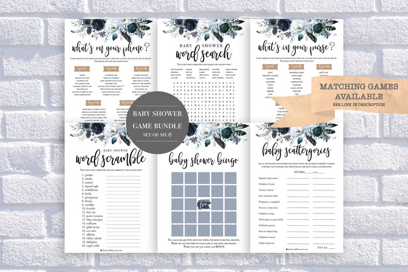 Floral Baby Shower Game Set, Printable Baby Shower Game Cards ...