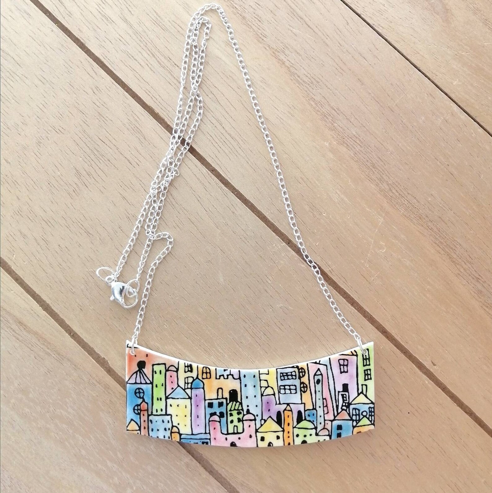 Colorful House Necklace Hand Painted Chunky Necklace Unusual Artisan ...