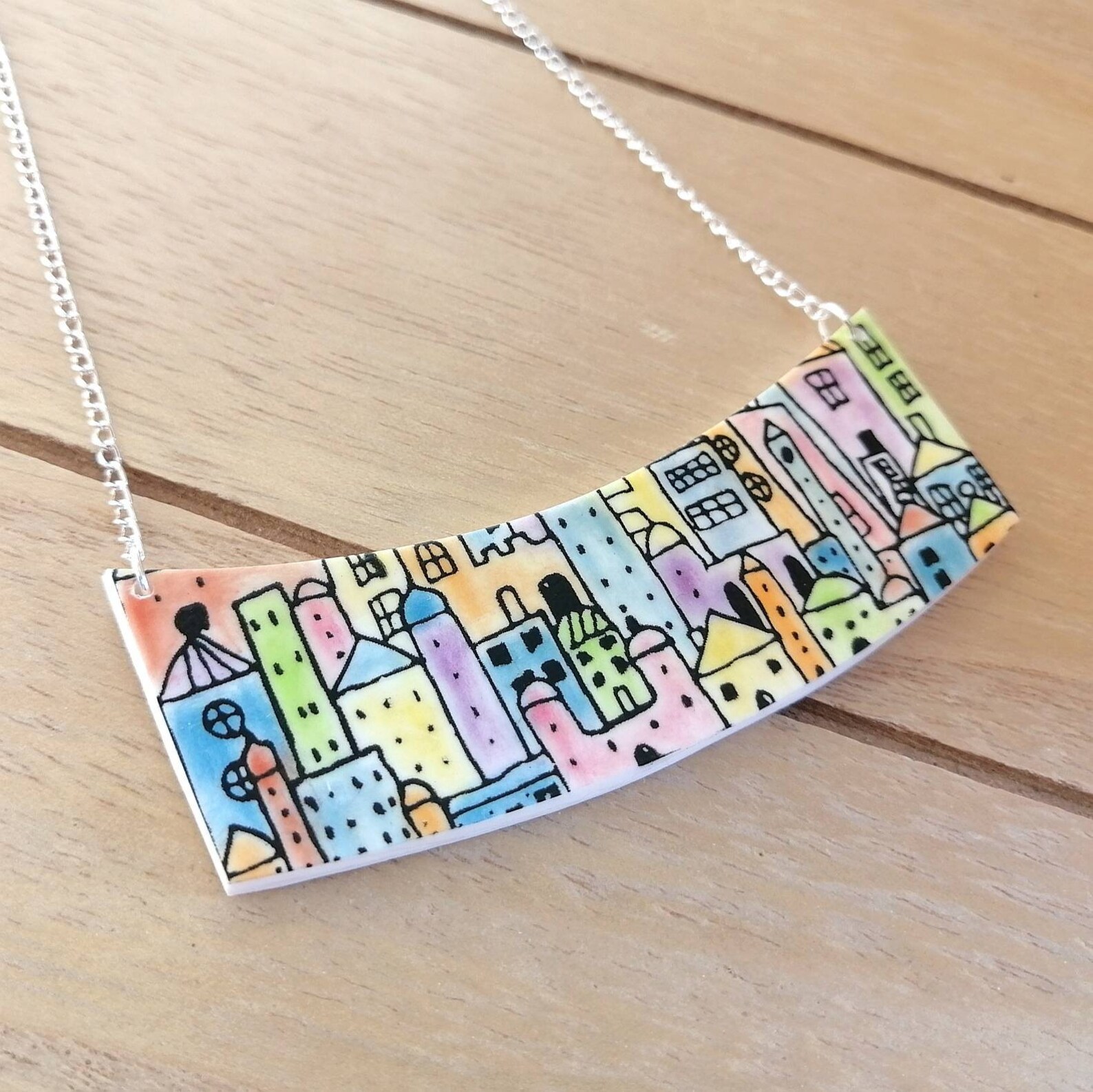 Colorful House Necklace Hand Painted Chunky Necklace Unusual Artisan ...