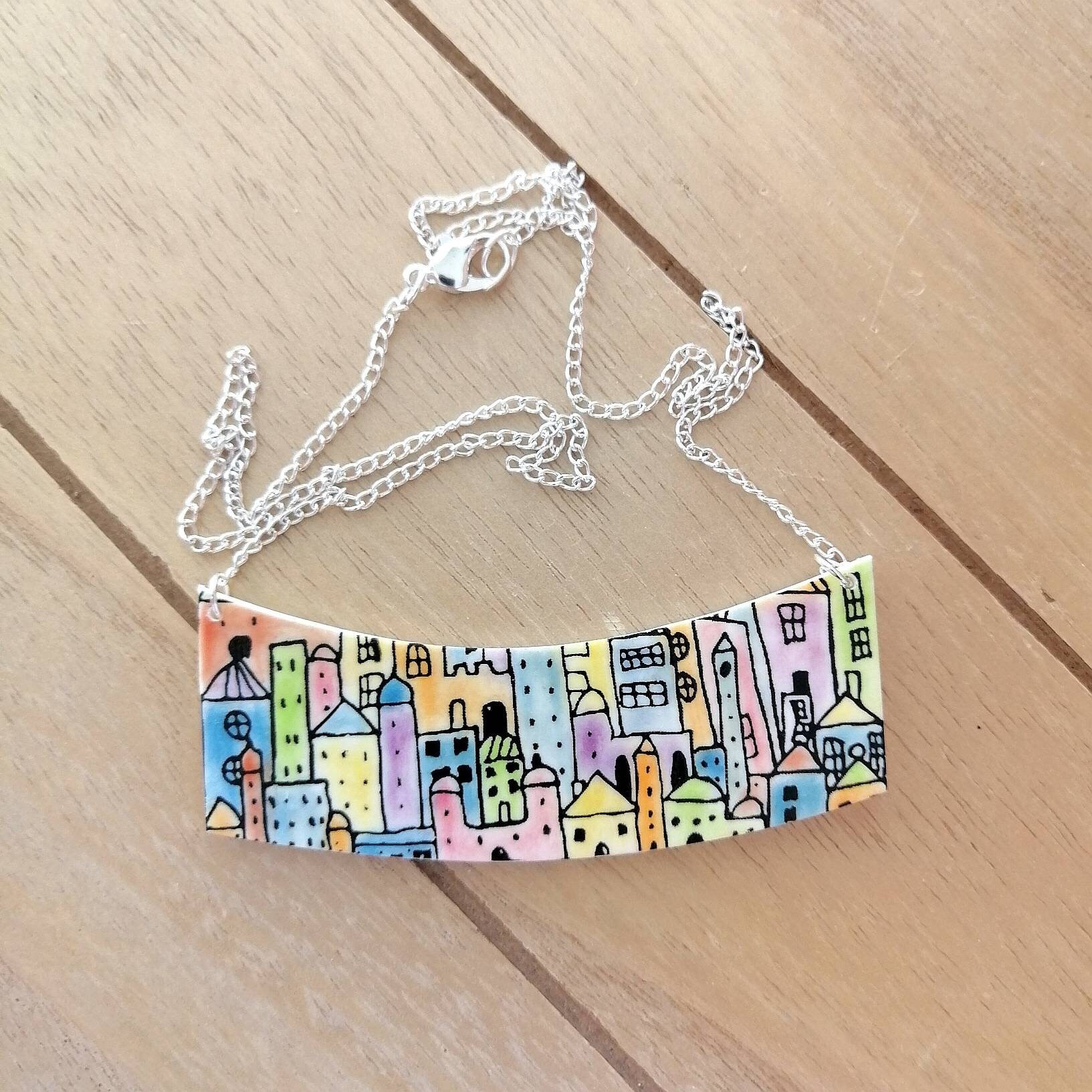 Colorful House Necklace Hand Painted Chunky Necklace Unusual Artisan ...