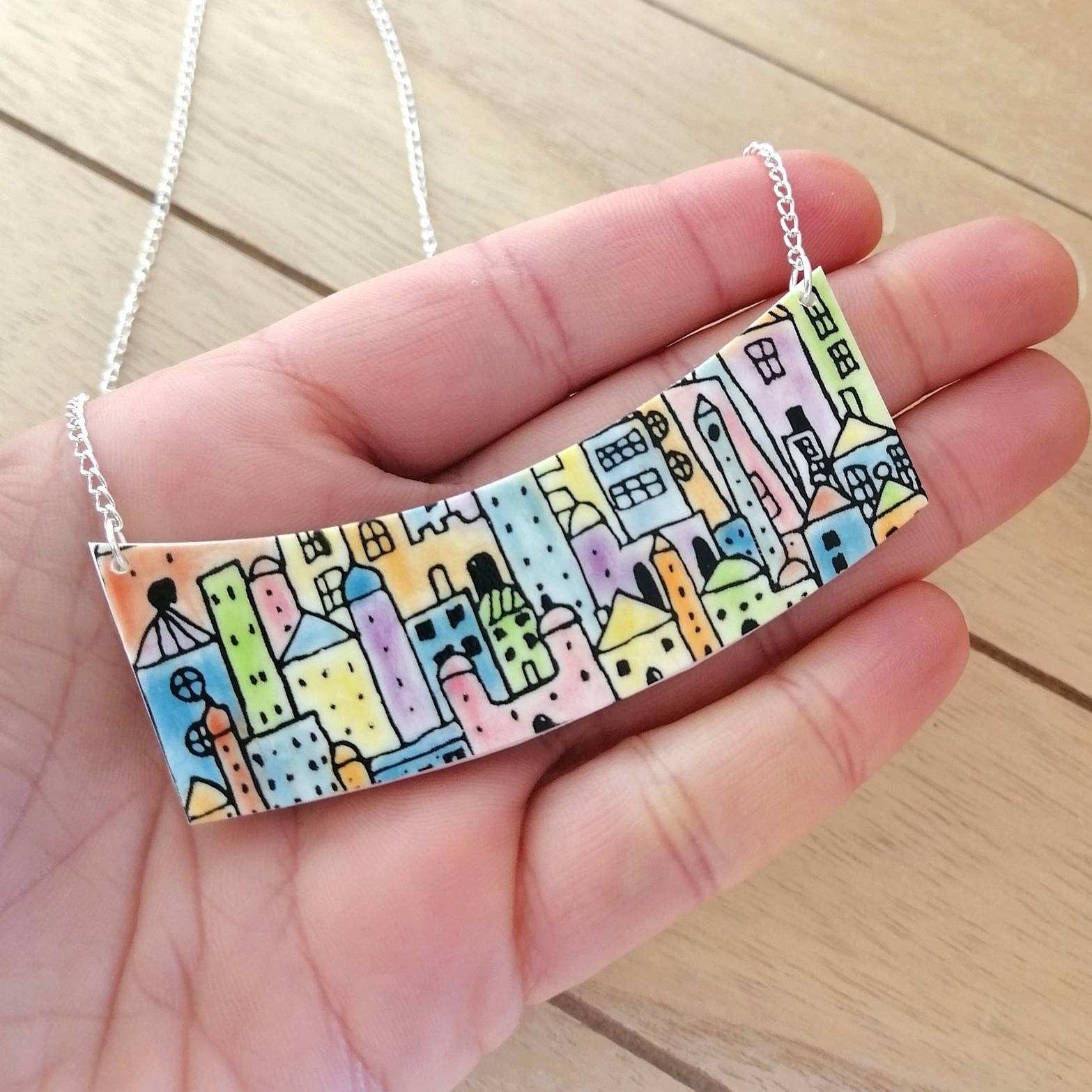 Colorful House Necklace Hand Painted Chunky Necklace Unusual Artisan ...