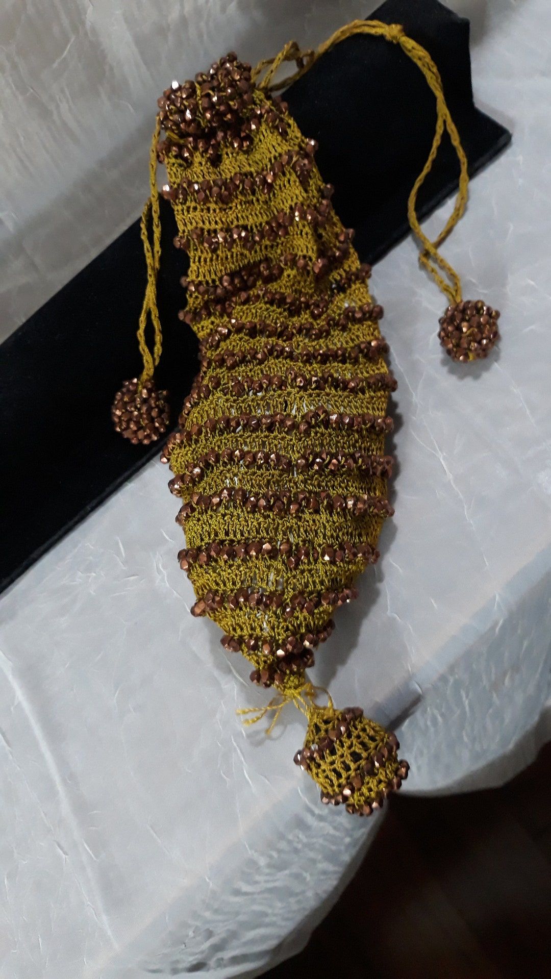 Antique Crocheted Drawstring Bag With Faceted Antiqued Gold Glass Beads ...