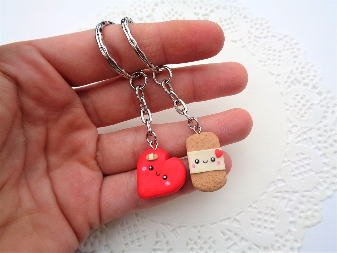 Handmade Polymer Clay Couple Keychains – Heart and Band-aid, Valentine ...