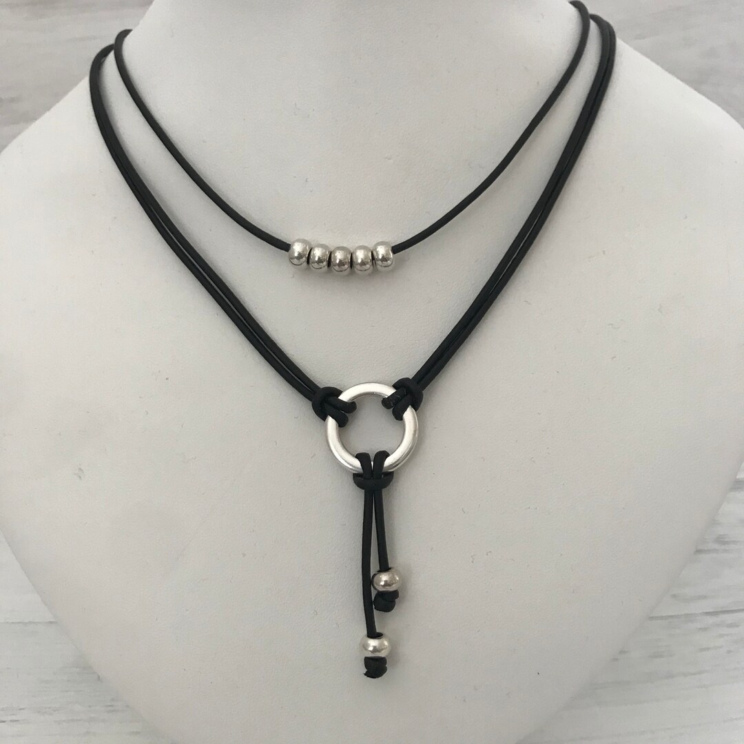 Layer Look, Leather Cord Necklace With Silver Ring and Silver Beads ...
