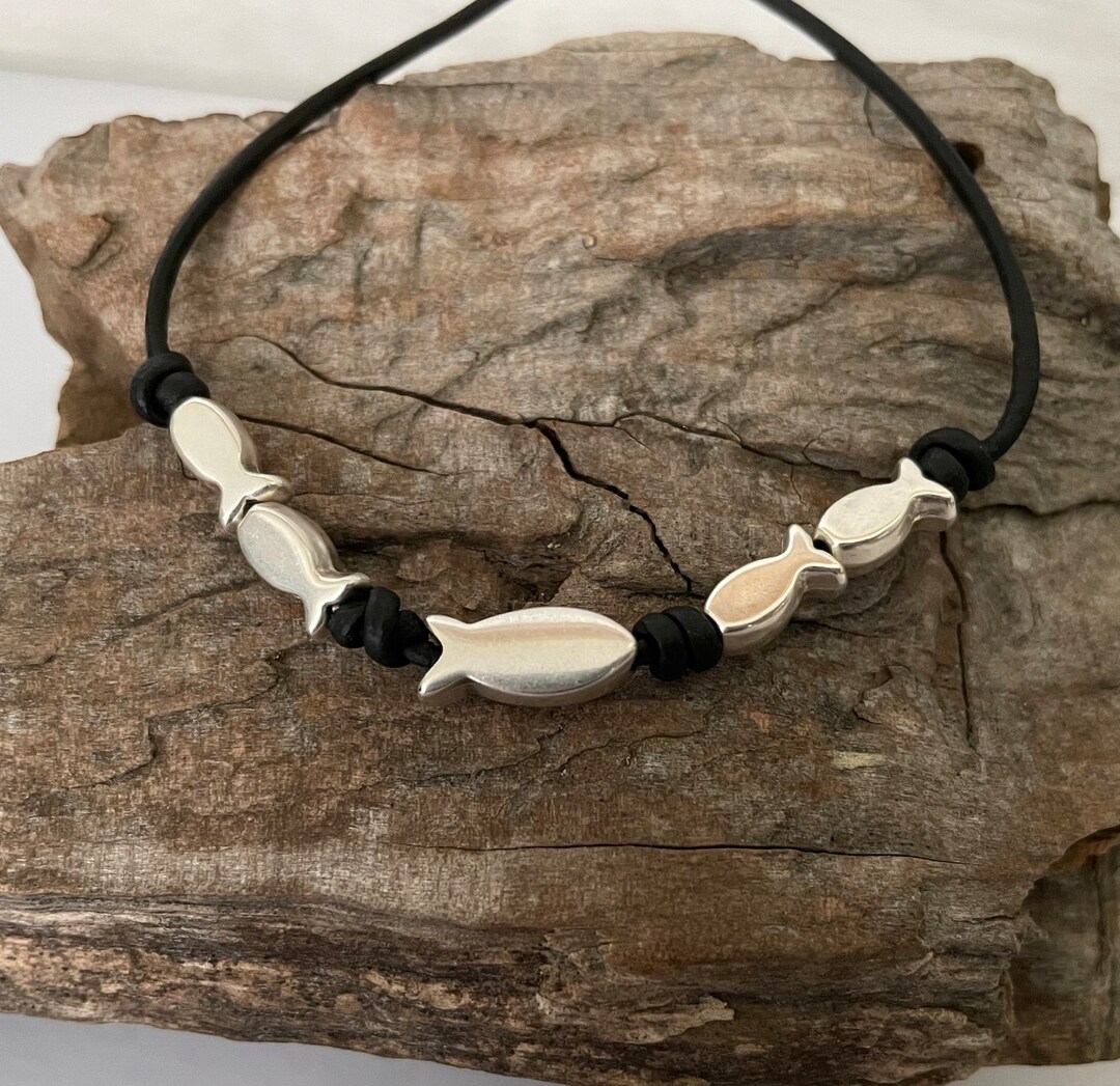 AGAINST THE CURRENT, Subtle Leather Bracelet With Fish Silver, Delicate ...