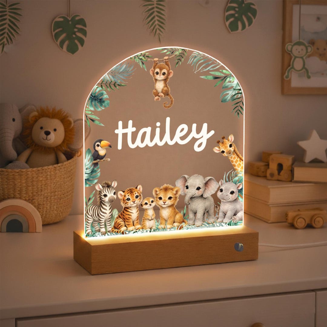Personalized LED Nursery Lamp, Jungle Animals Bedroom Light, Custom ...