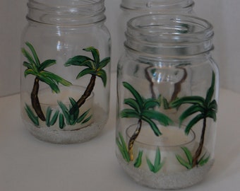 Mason Jar Blue Hand Painted Palm Trees - Etsy