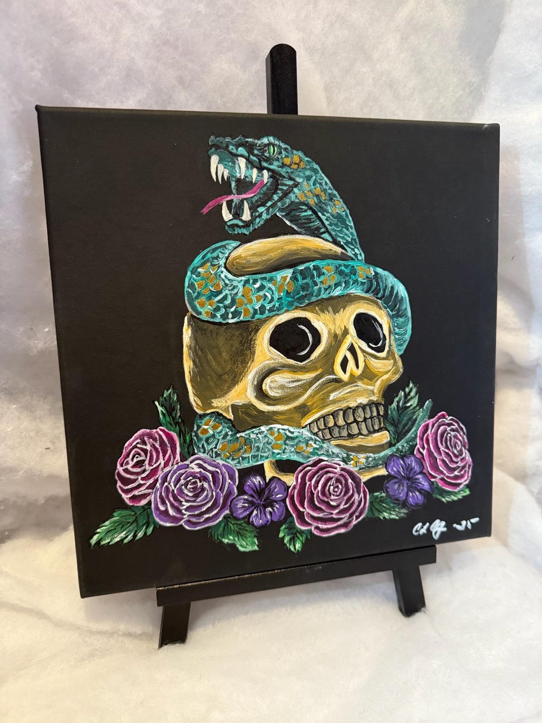 Serpent of the Fallen Bloom - Acrylic on Black Canvas - Etsy