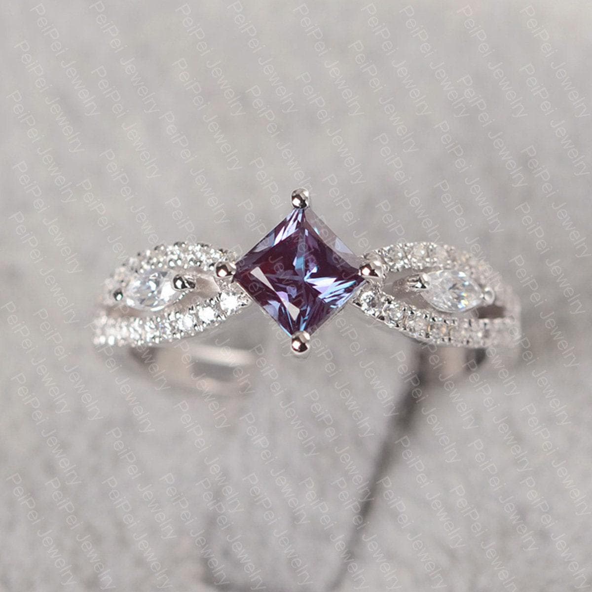 Alexandrite Engagement Ring June Birthstone Ring Princess Cut Color ...