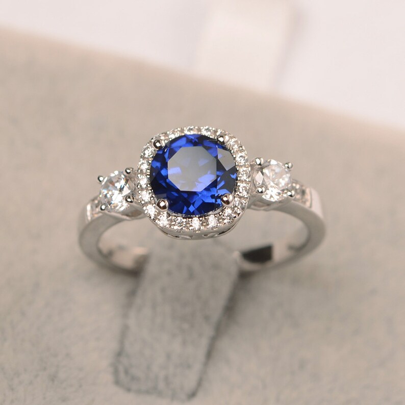 Lab Sapphire Ring Round Blue Gemstone Sterling Silver - Etsy