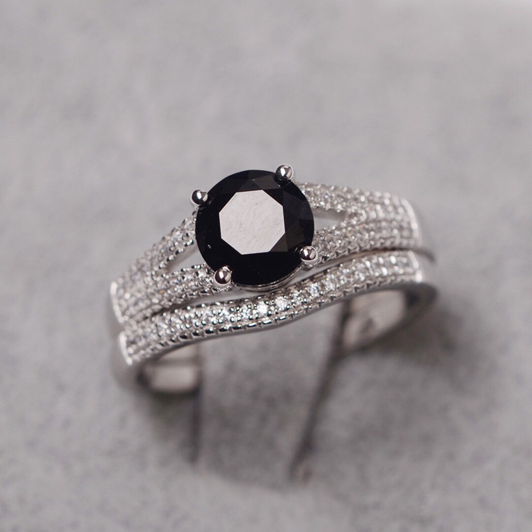 Black Spinel Ring Round Cut Stone Ring for Women Black Gemstone Silver ...