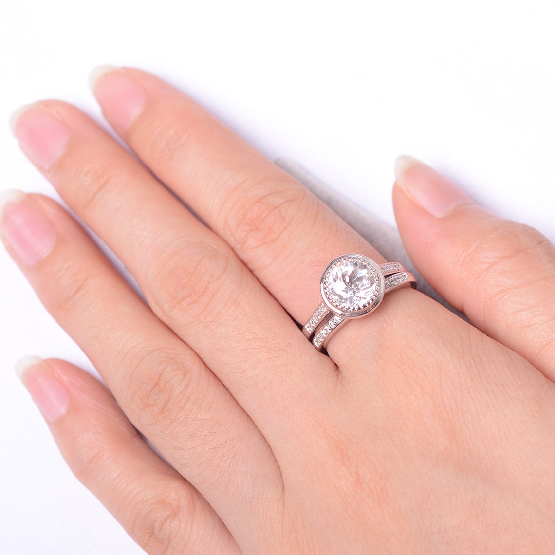 White Topaz Ring Sterling Silver Engagement Ring Set Round Cut - Etsy