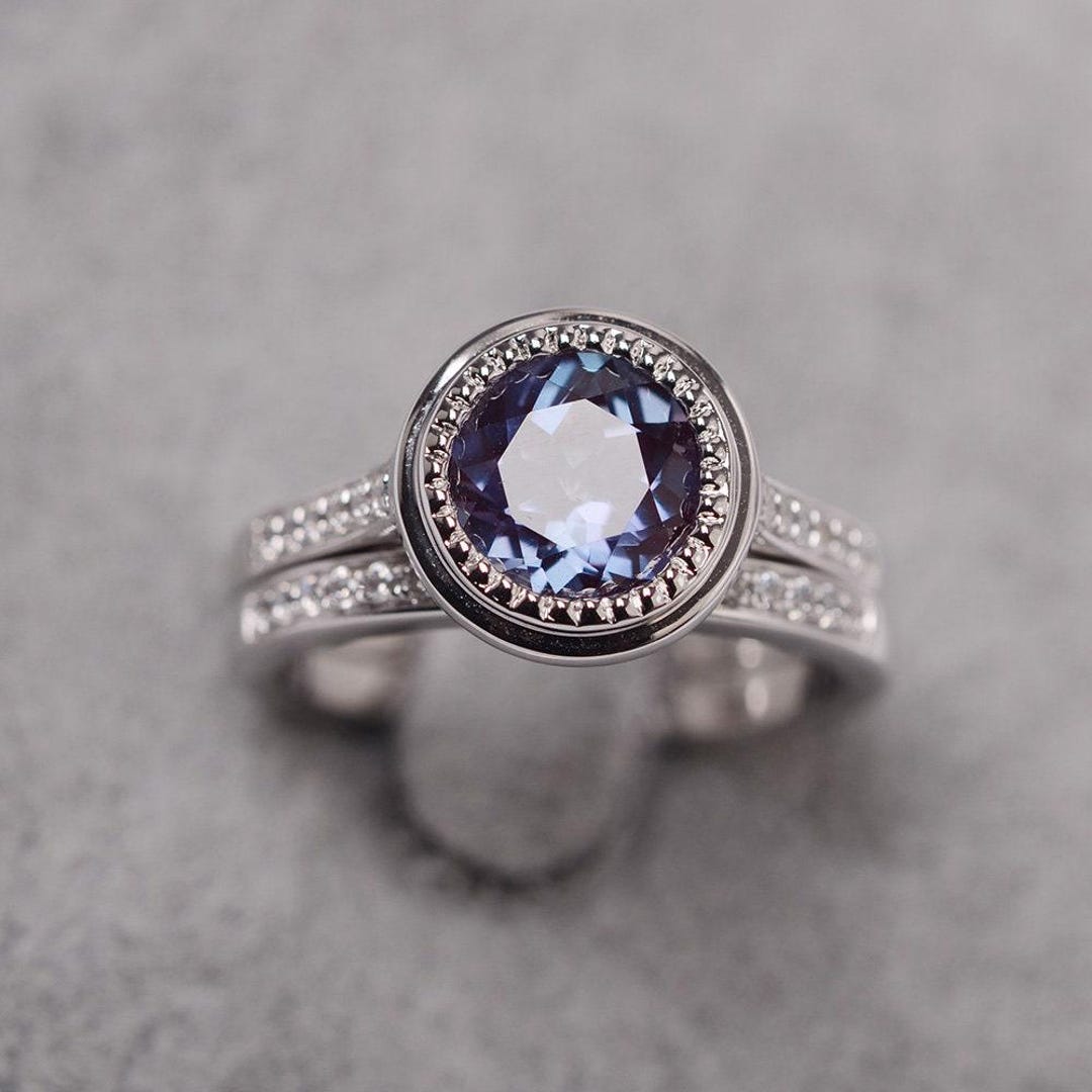 Alexandrite Ring 925 Silver Round Cut Ring Bezel Setting Engagement ...