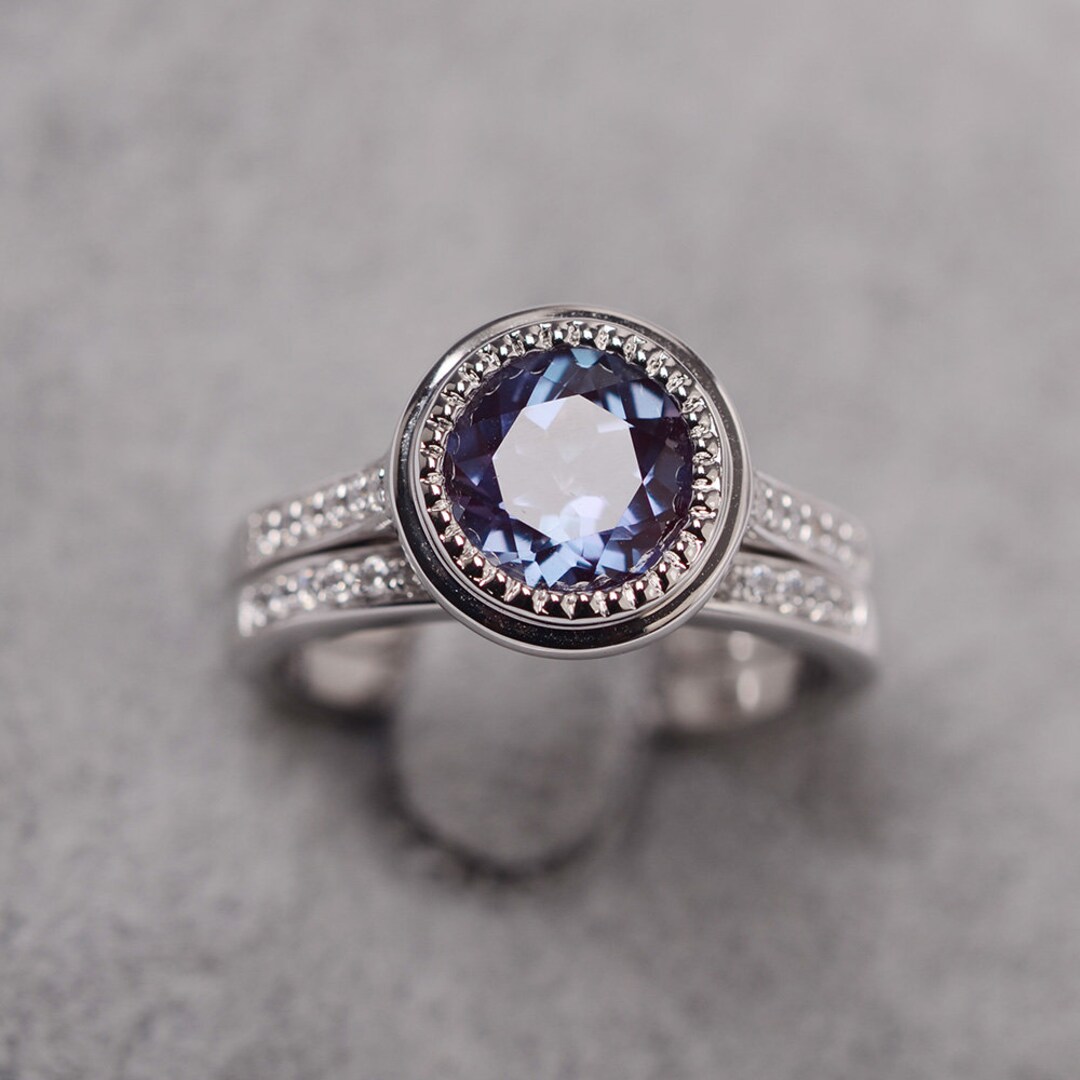 Alexandrite Ring 925 Silver Round Cut Ring Bezel Setting Engagement ...