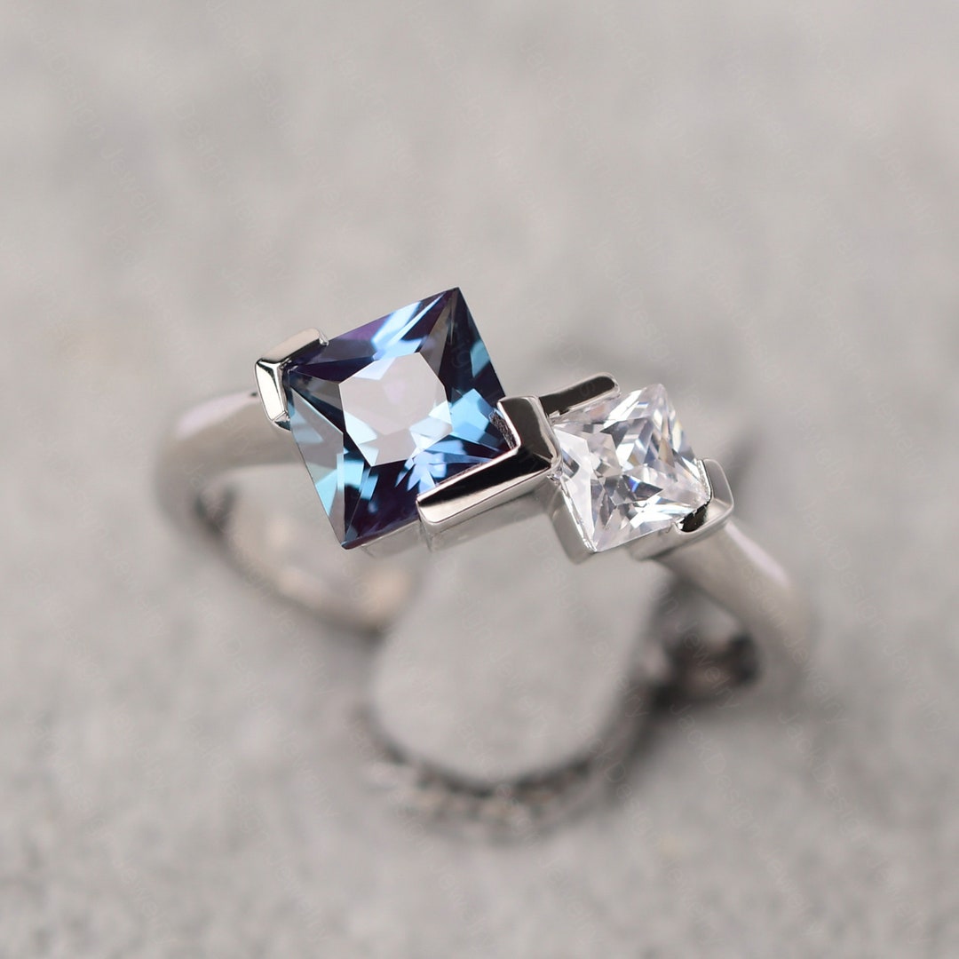 Unique 2 Stone Ring Sterling Silver Princess Cut Alexandrite Engagement ...