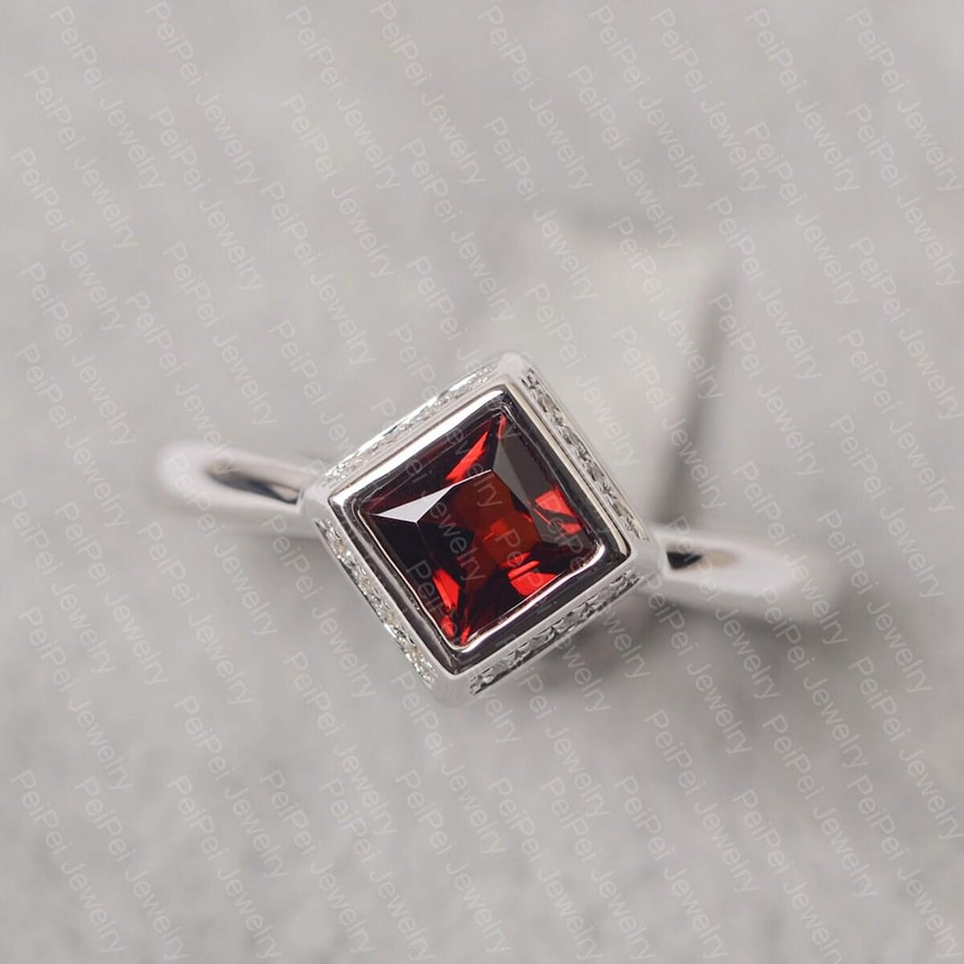 Garnet Ring Sterling Silver Anniversary Ring for Women Square Cut ...