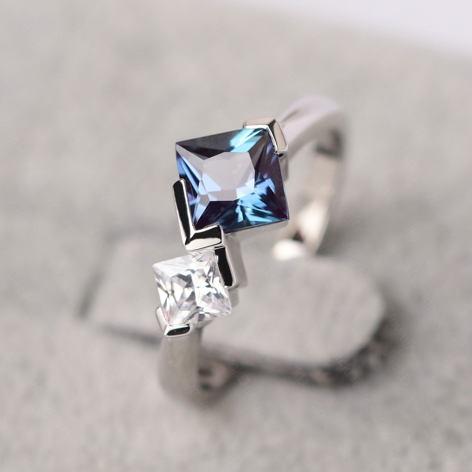 Unique 2 Stone Ring Sterling Silver Princess Cut Alexandrite | Etsy