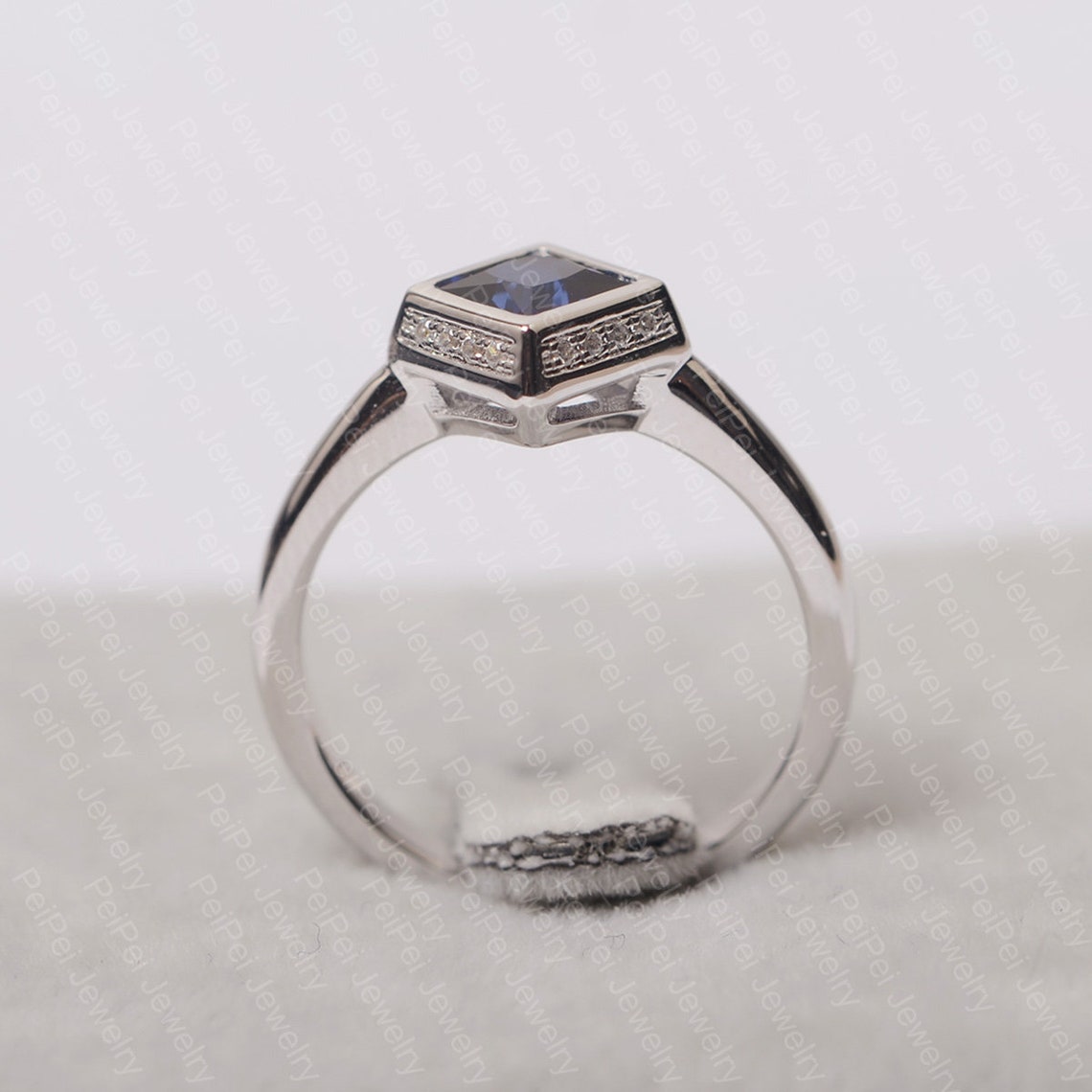 Sapphire ring sterling silver engagement ring for women square | Etsy