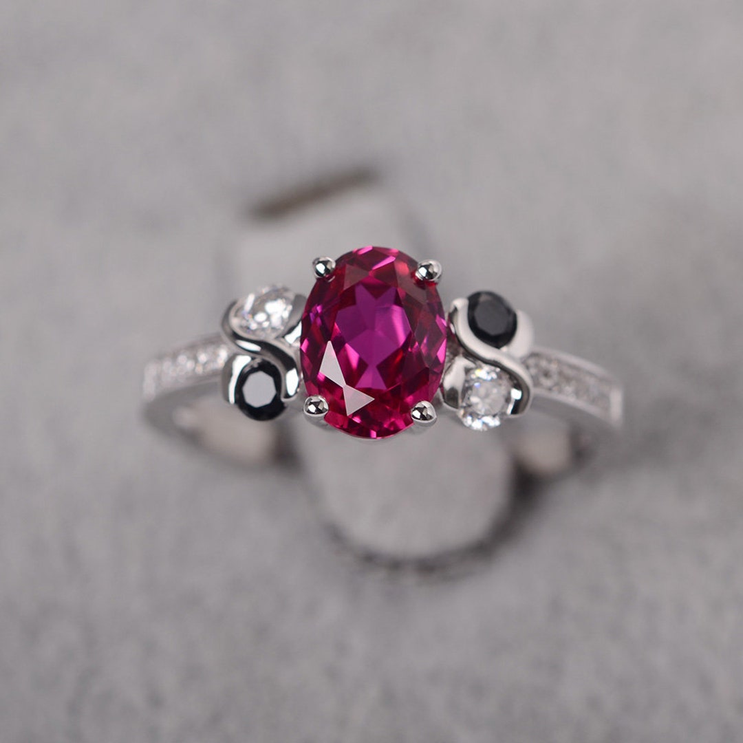 Ruby Ring July Birthstone Oval Cut Gemstone Sterling Silver Anniversary ...