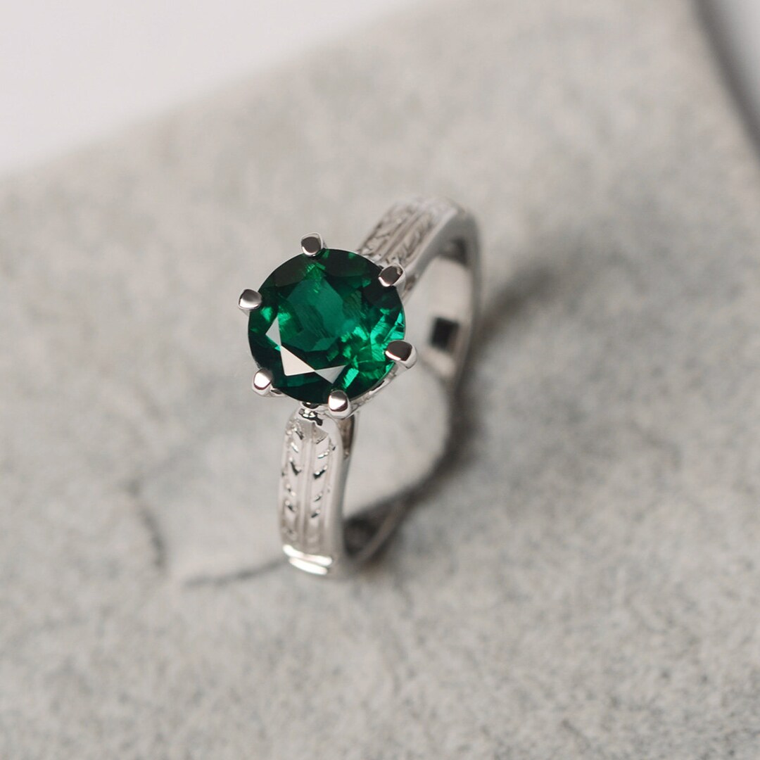 Emerald Ring Round Cut Sterling Silver Solitaire Engagement - Etsy