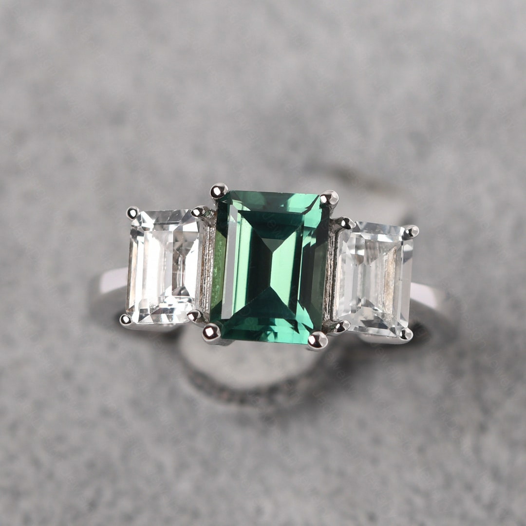 Antique Green Sapphire Engagement Ring Emerald Cut 14K White - Etsy