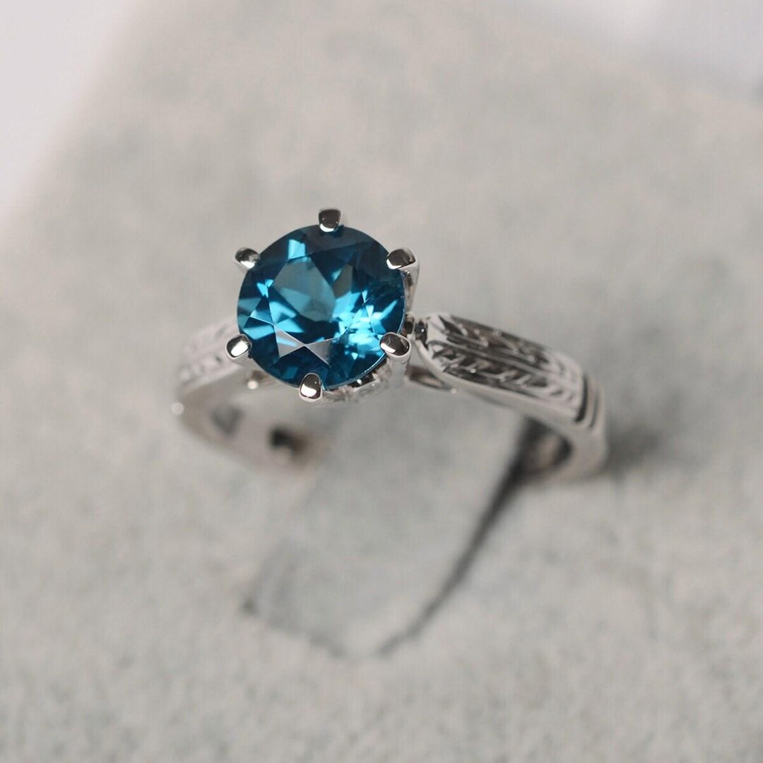 London Blue Topaz Ring Round Cut Sterling Silver Engagement Ring 6 ...