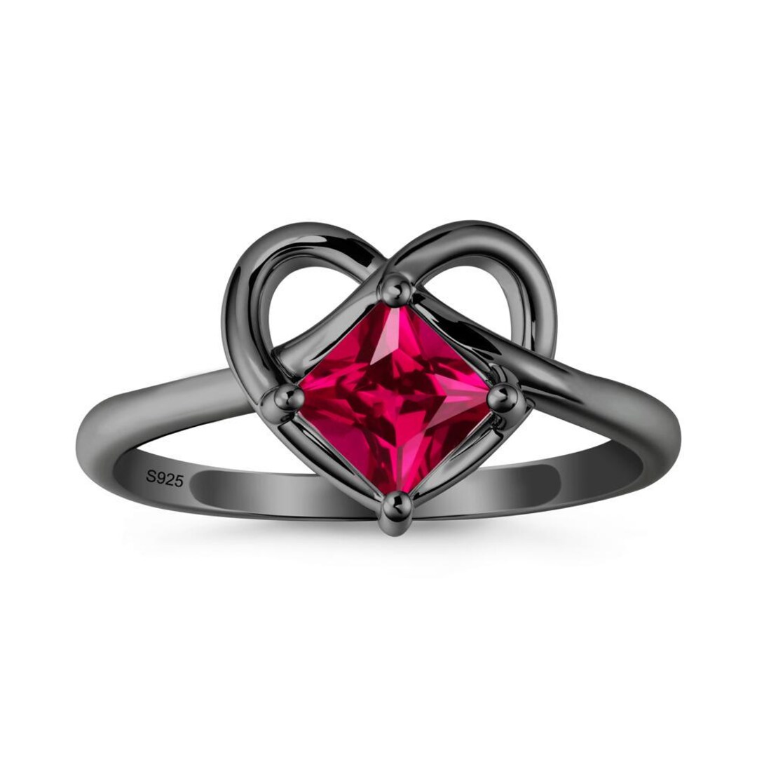 Natural Princess Cut Garnet Engagement Ring Silver Black Plated Gothic ...