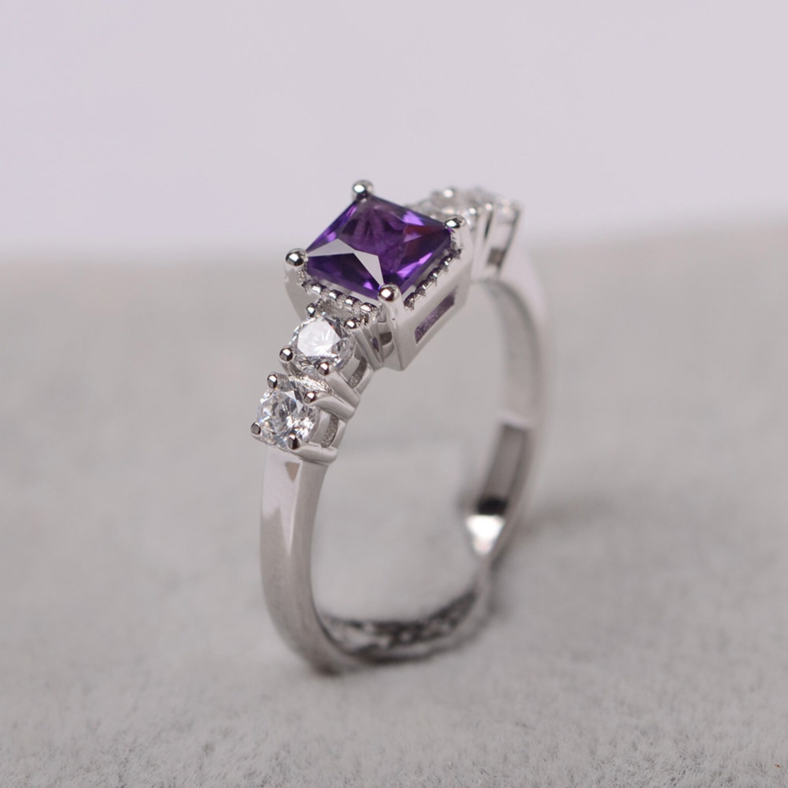 Amethyst ring princess cut February birthstone sterling silver | Etsy