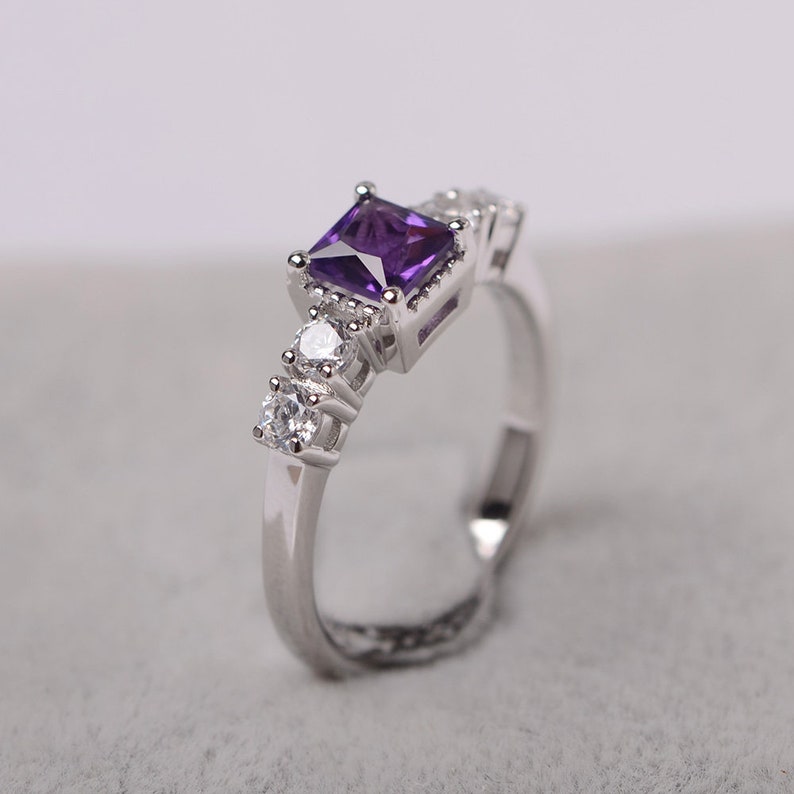 Amethyst ring princess cut February birthstone sterling silver | Etsy