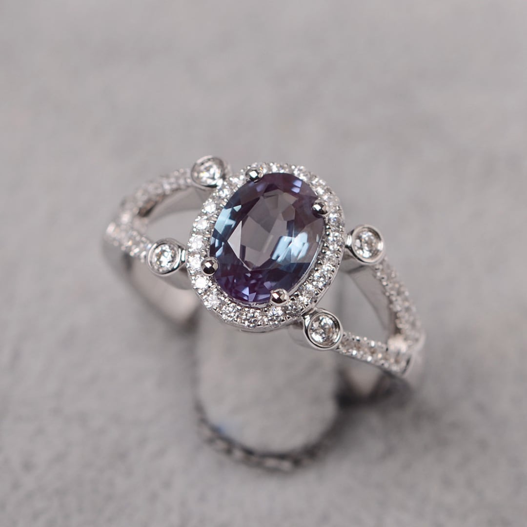Lab Alexandrite Ring Oval Cut Stone Ring June Birthstone Sterling ...