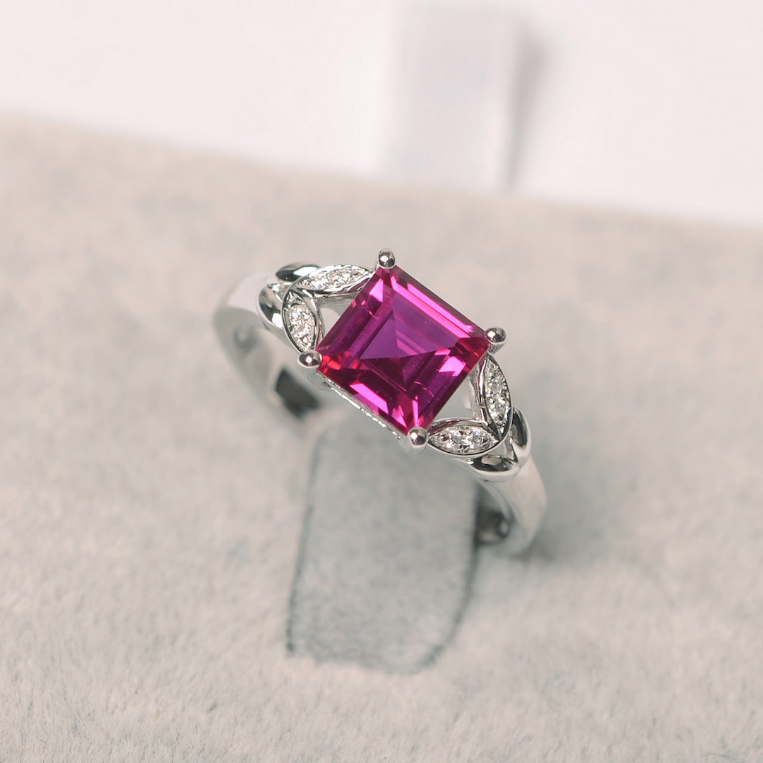 Ruby Ring Square Cut July Birthstone Red Gemstone Ring Sterling Silver ...