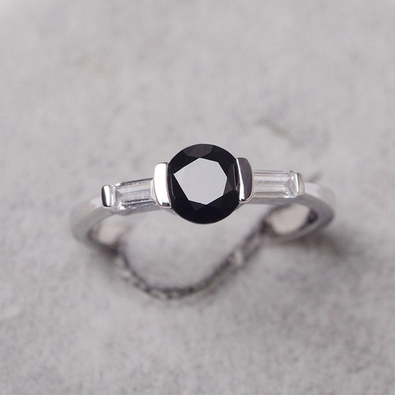Black Spinel Rings Round Shape Black Gemstone Rings White Gold | Etsy
