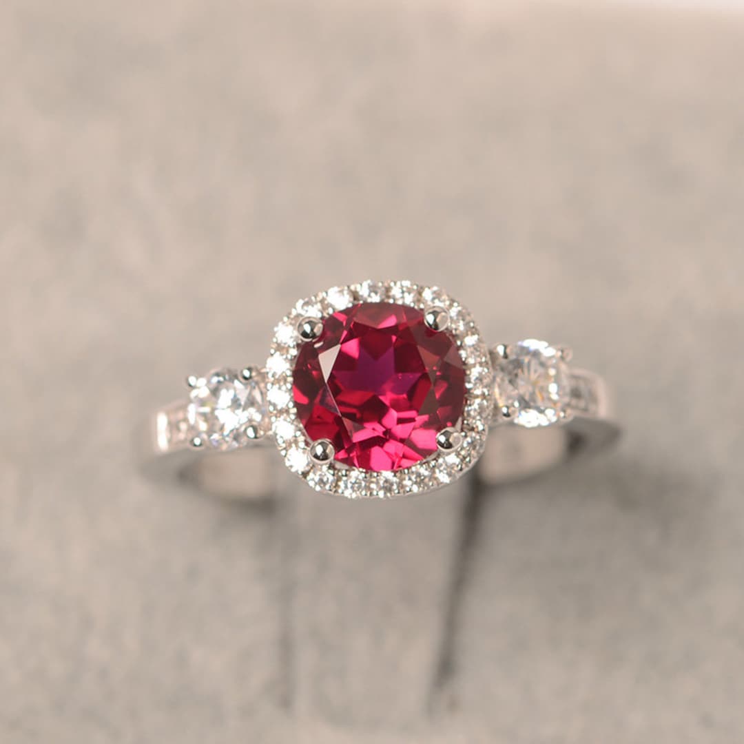 Ruby Ring Sterling Silver Round Cut Halo Engagement Ring July ...