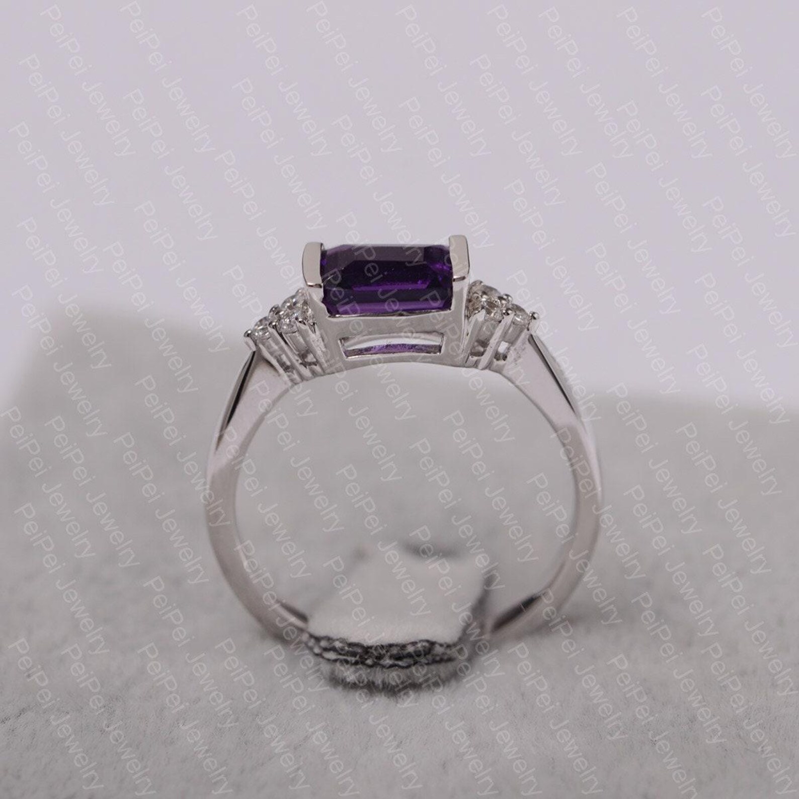 Amethyst Ring Emerald Cut Half Bezel Setting Ring February Birthstone ...