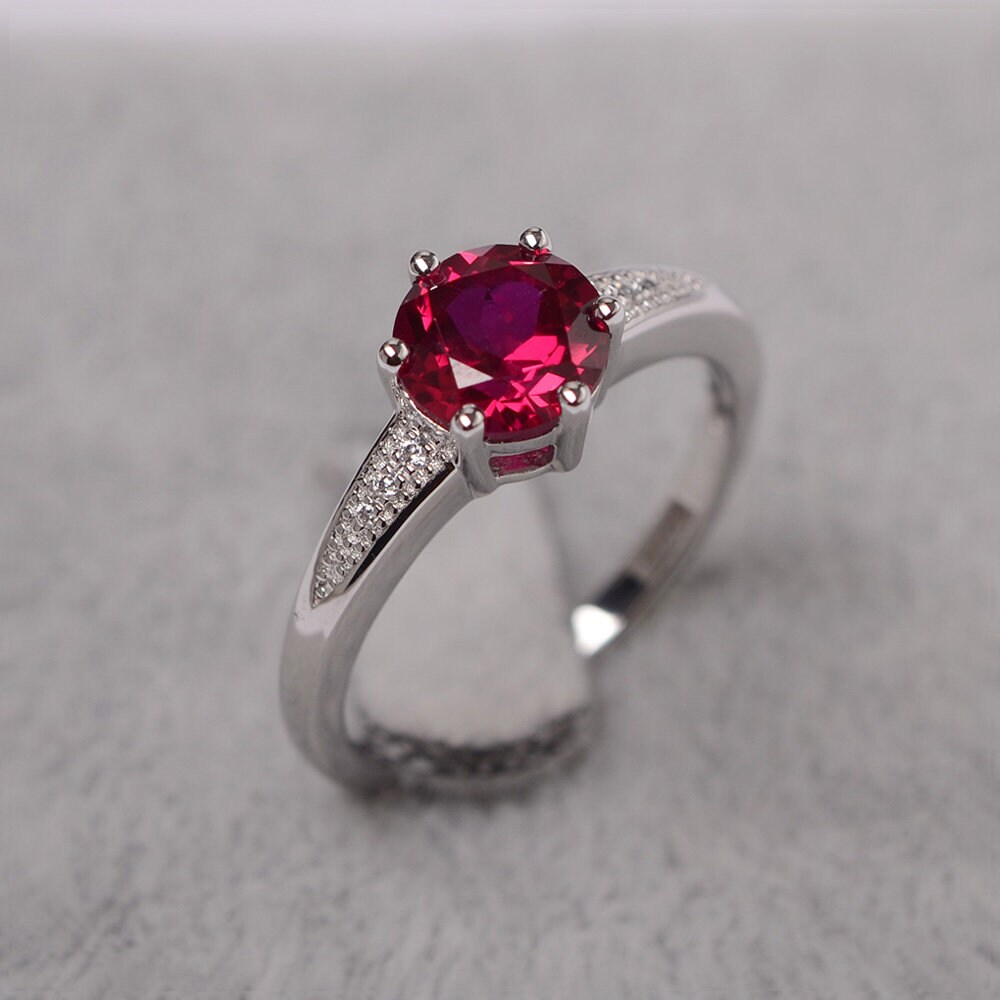 Round Cut Ruby Ring Sterling Silver Engagement Ring for Women - Etsy