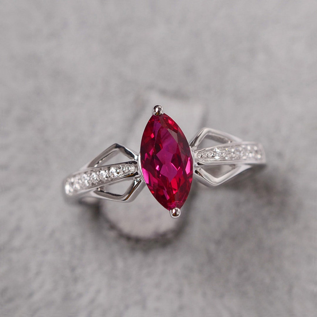 Lab Ruby Ring Marquise Cut July Birthstone Ring Sterling Silver ...