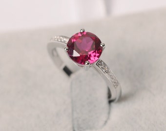 Lab Ruby Ring Sterling Silver Wedding Engagement Ring Round Cut Red ...