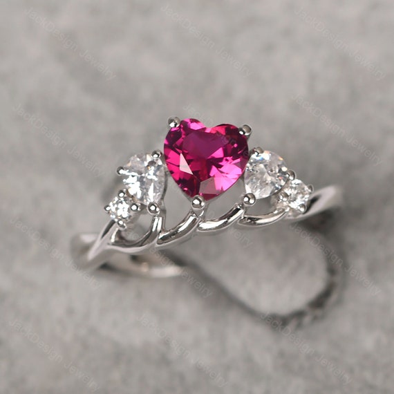 Personalization Heart Shaped Ruby Ring 5 Stone Cluster - Etsy