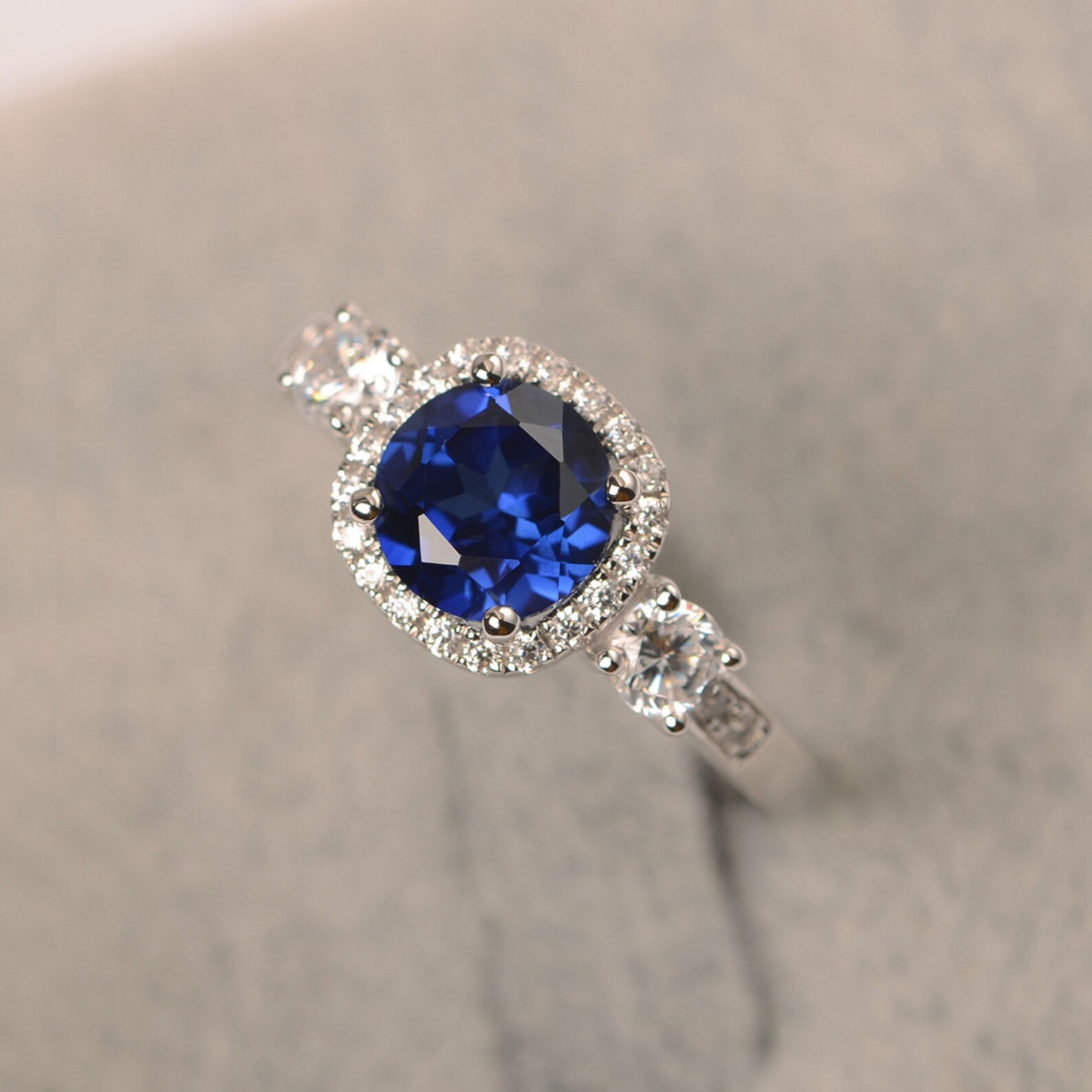 Lab Sapphire Ring Round Blue Gemstone Sterling Silver - Etsy