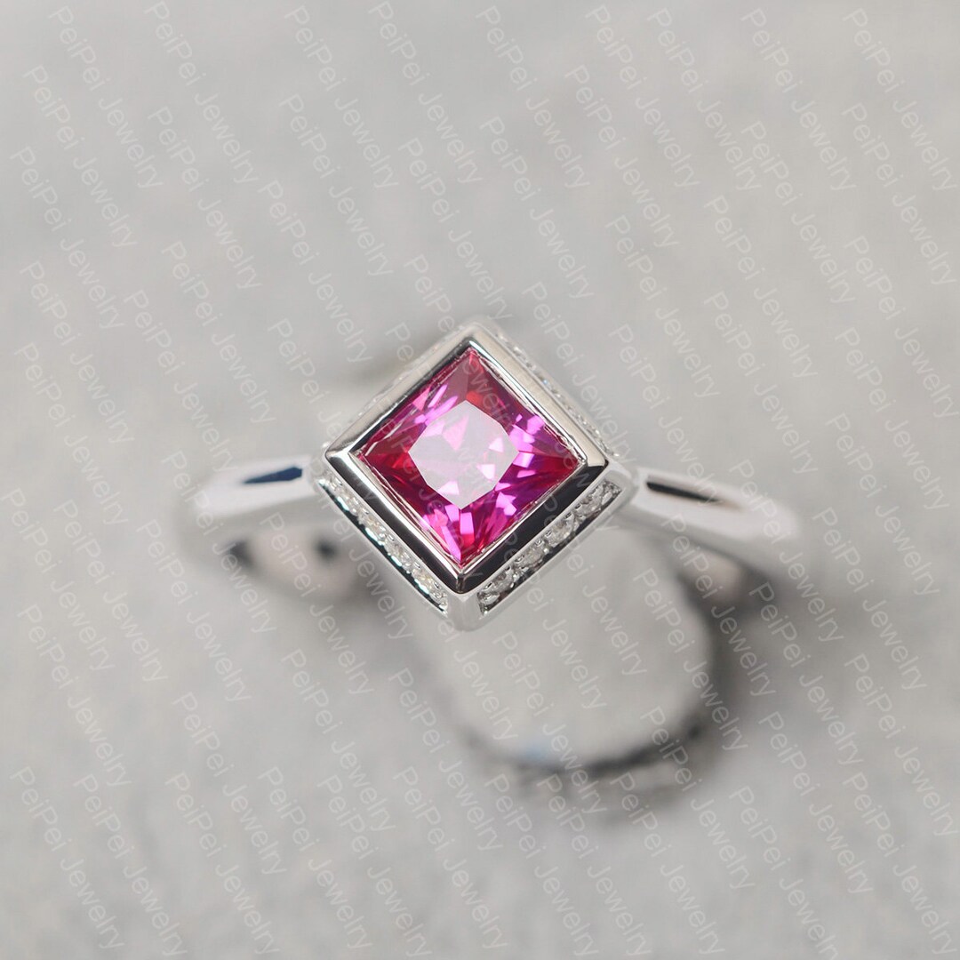 Lab Ruby Ring July Birthstone Princess Cut Red Gemstone Ring Sterling ...