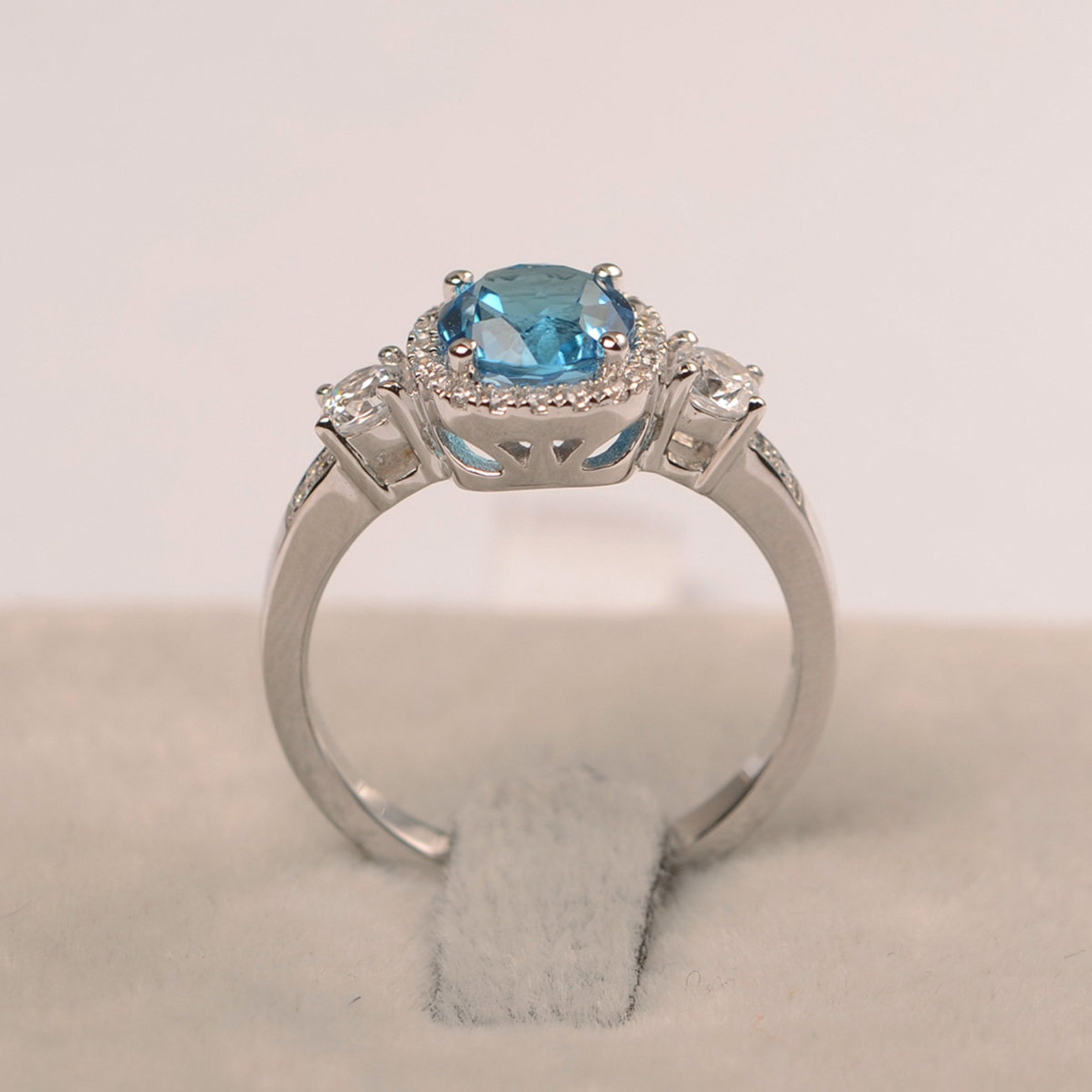 Swiss Blue Topaz Ring Sterling Silver Halo Engagement Ring - Etsy