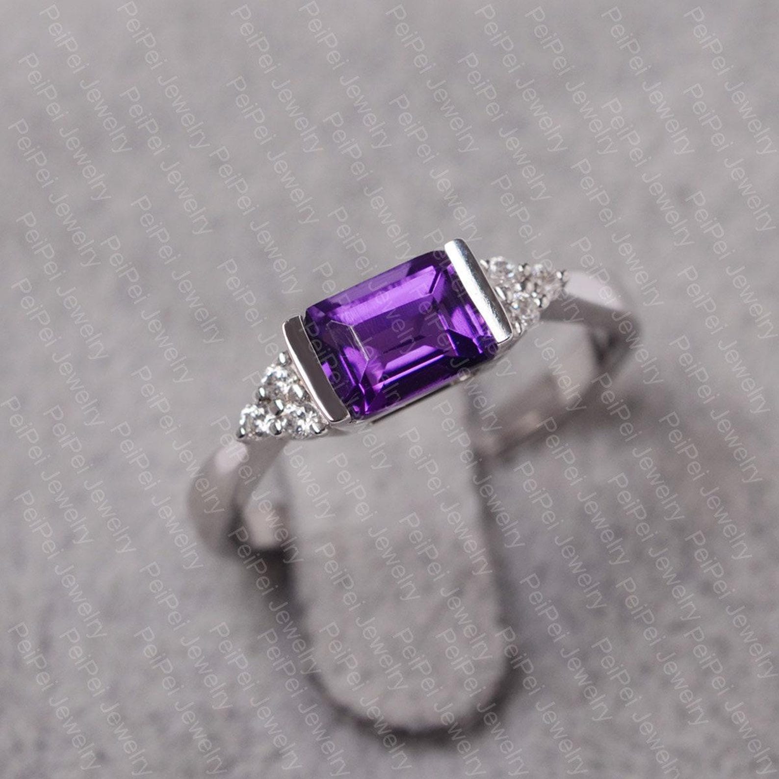 Amethyst Ring Emerald Cut Half Bezel Setting Ring February Birthstone ...