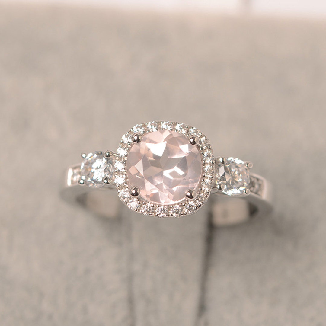 Pink Quartz Ring Sterling Silver Round Cut Halo Ring - Etsy