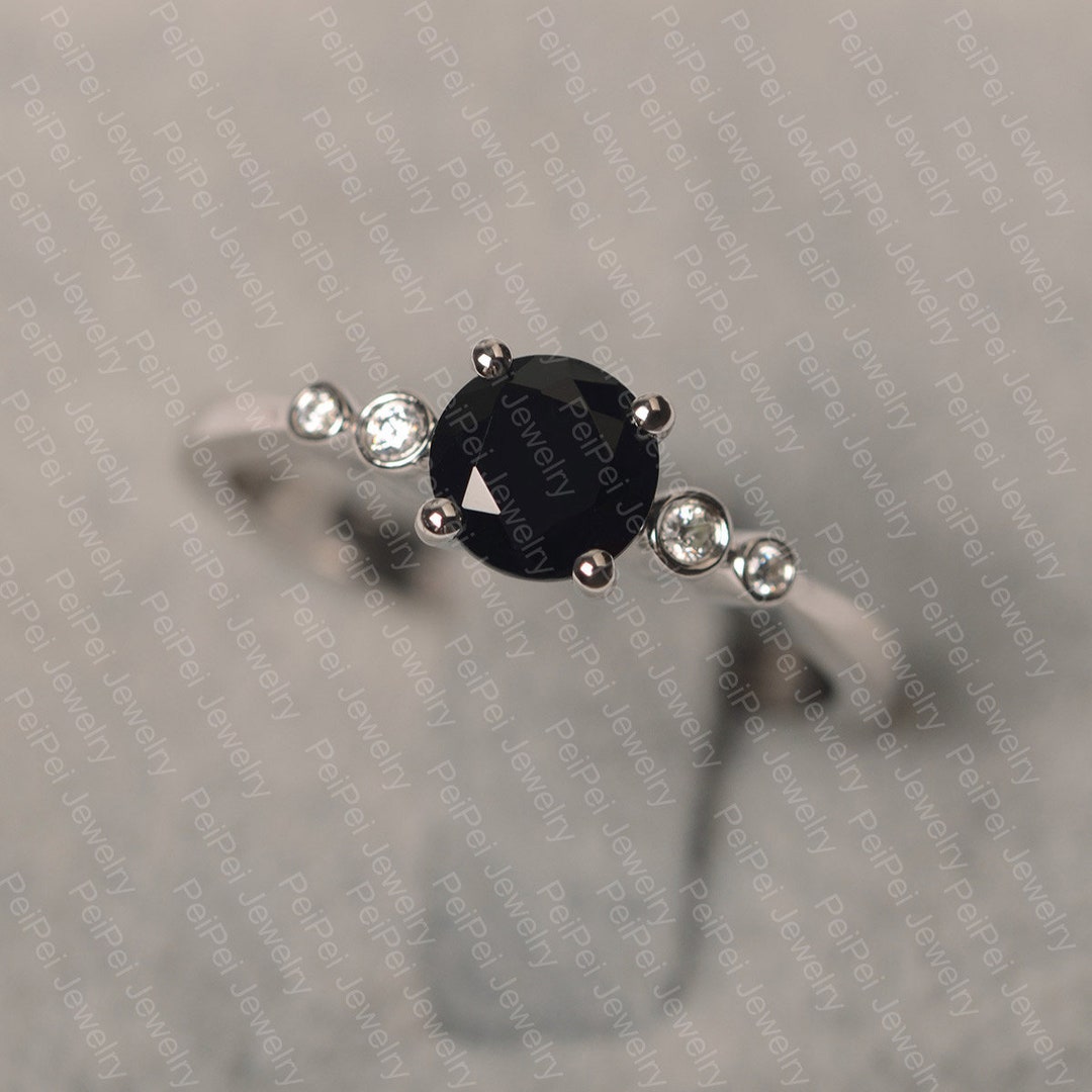Black Spinel Ring Sterling Silver Engagement Ring 5 Stone Round Cut ...