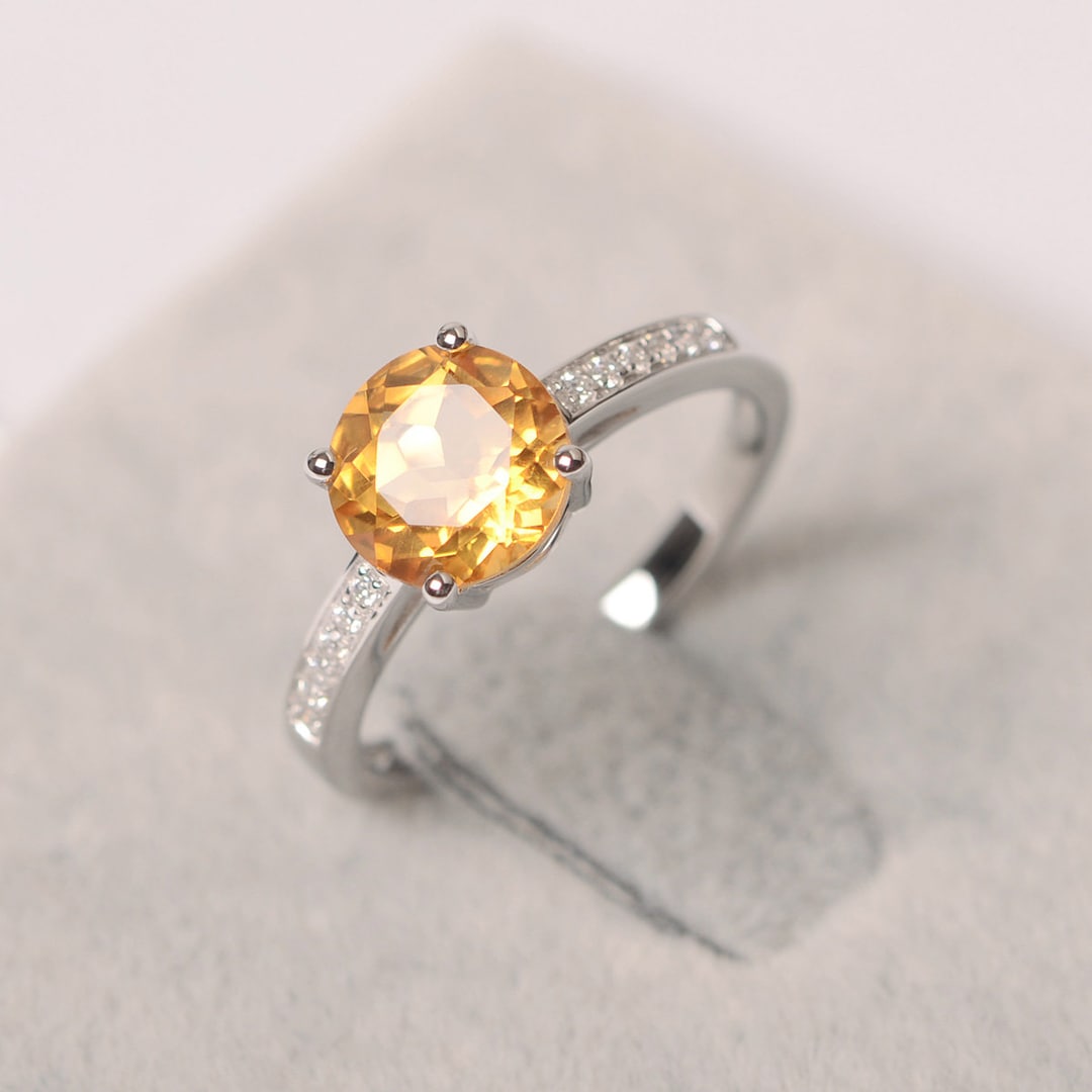 Citrine Ring November Birthstone Round Cut Yellow Stone White Gold ...