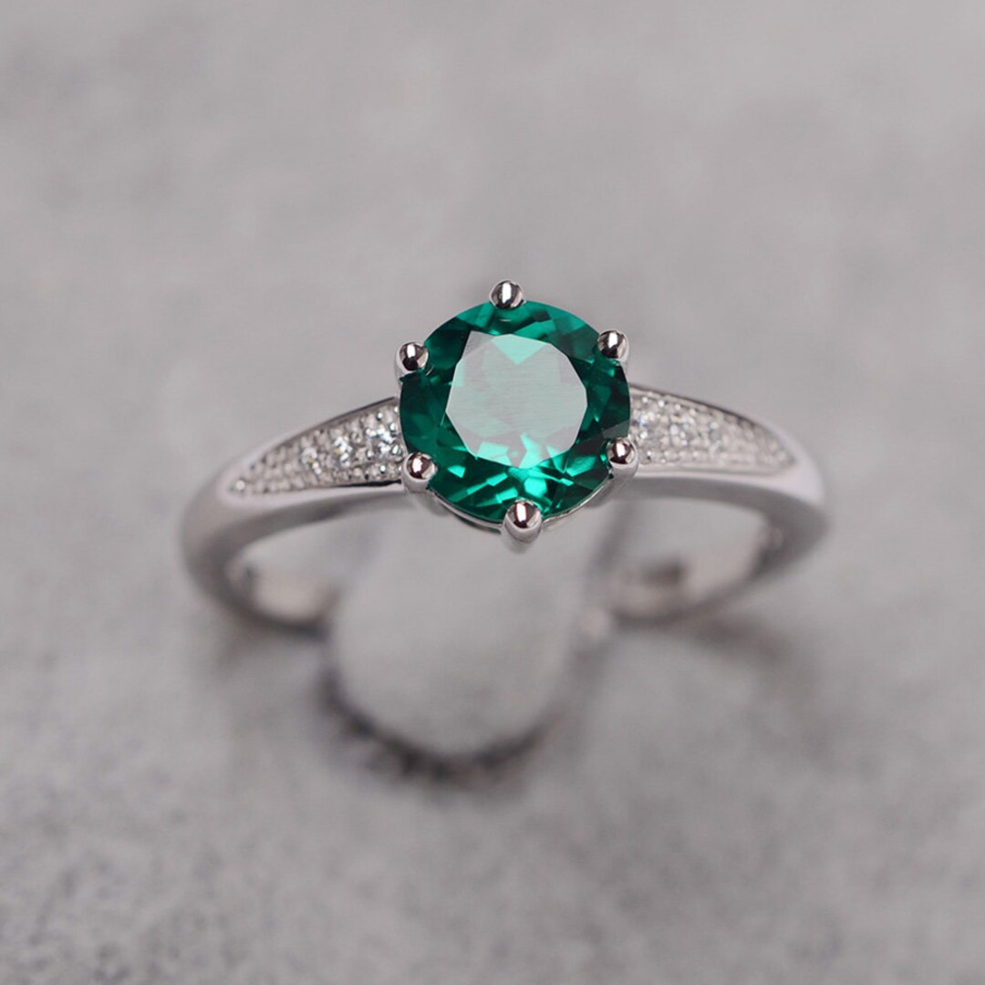 Emerald Ring Sterling Silver Engagement Ring Round Cut May Birthstone ...